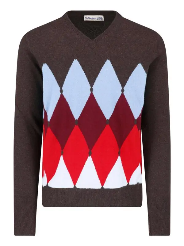 BALLANTYNE Argyle Patterned Fine Knit Crew Neck Pullover Sweater - Brown