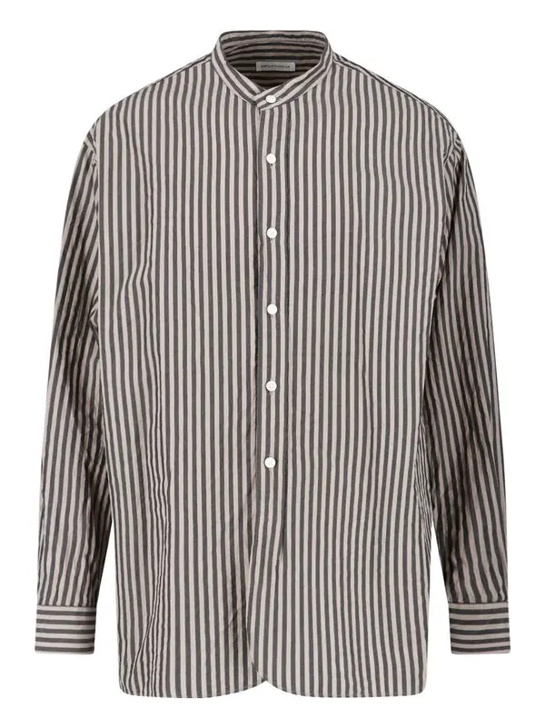 KAPTAIN SUNSHINE Striped Band Collar Button-up Shirt - Brown