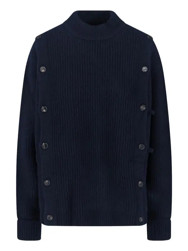 SETCHU Ribbed Turtleneck Sweater With Side Button Detail - Blue