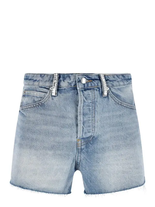 Alexander Wang 100% Cotton Denim Shorts With Embellished Waistband - Blue
