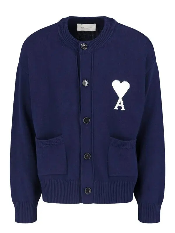 AMI Paris Wool-cotton Blend Cardigan With Heart Logo - Blue