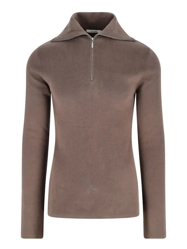 ENTIRE STUDIOS Half Zip Stand Collar Sweatshirt - Brown