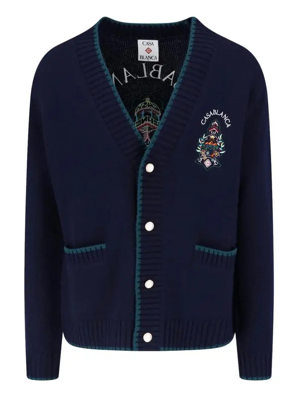 Casablanca Wool-cashmere V-neck Emblem Cardigan - Blue