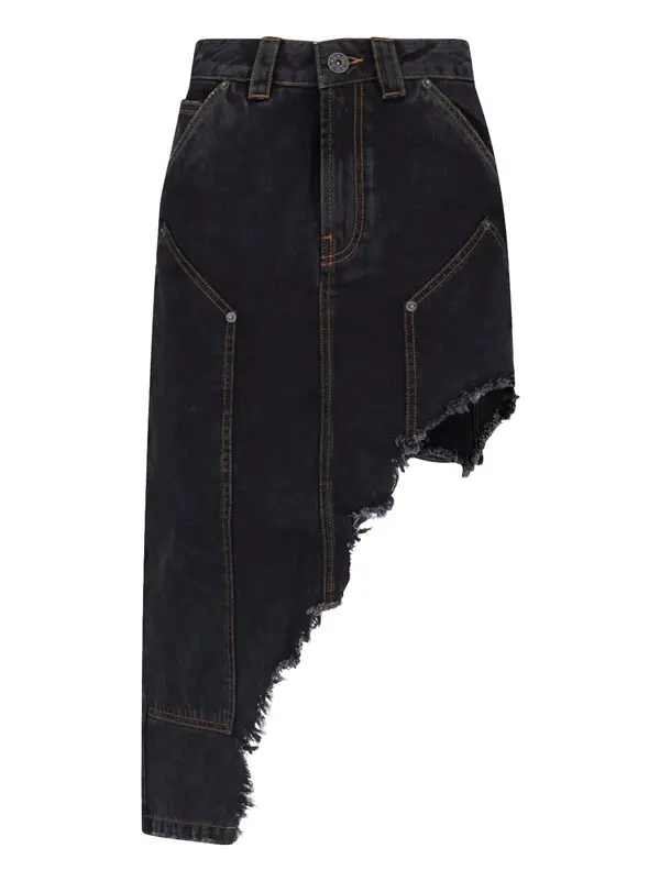 Vaquera Asymmetrical Raw Edge Hem Denim Skirt - Black