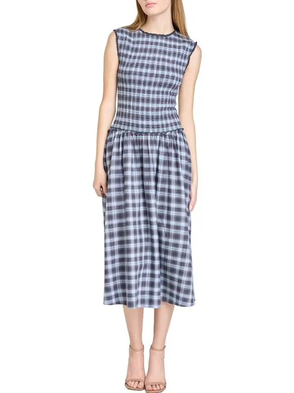 WAYF Adeline Smocked Cotton Plaid Midi Dress - Blue
