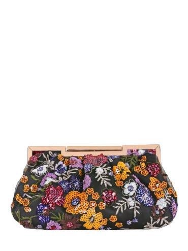 Badgley Mischka Floral Sequin Beaded Pouch Clutch - Black Multi
