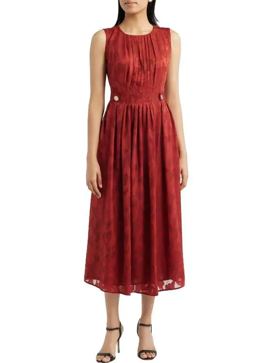 Anne Klein Pleated Floral Jacquard A-line Midi Dress - Rust