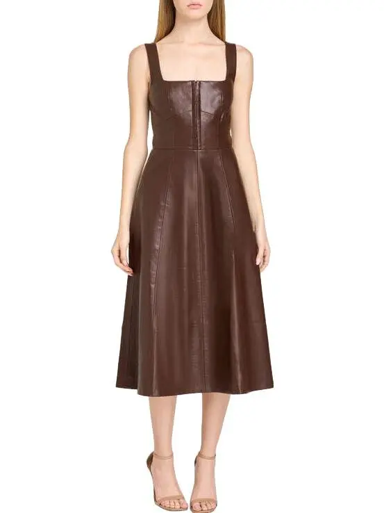 WAYF Leonie Faux Leather Fit & Flare Midi Dress - Espresso