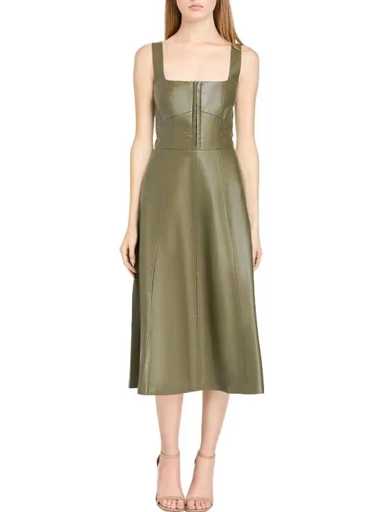 WAYF Leonie Faux Leather Fit & Flare Midi Dress - Olive
