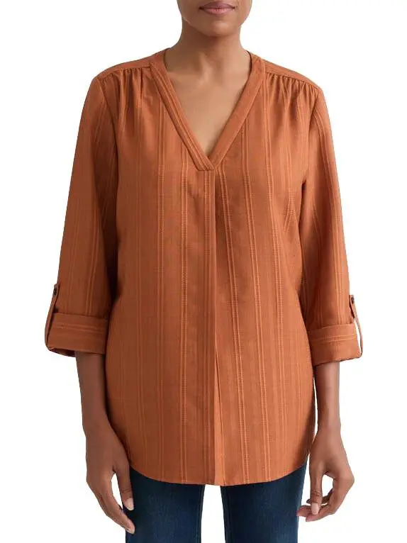 Jones New York Textured Stripe V-neck Tunic Top - Maple Spice