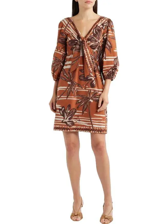 Julia Jordan Knotted Tie Tropical Print Mini Dress - Brown Multi