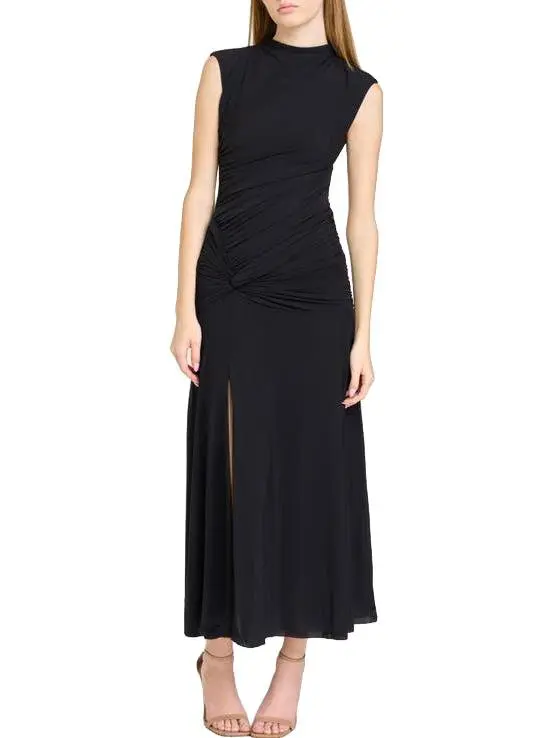WAYF Sarielle Ruched Maxi Dress With High Neck And Slit - Black