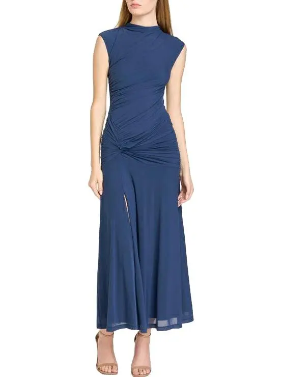 WAYF Sarielle Ruched Maxi Dress With High Neck And Slit - Navy