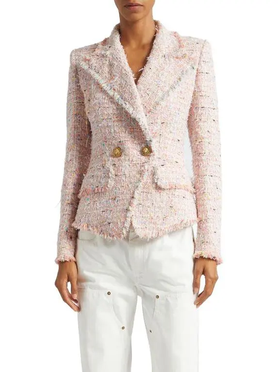 Balmain Double-breasted Tweed Jacket With Fringed Lapels - Pink Multi