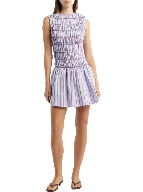 Line & Dot Smocked Stripe Mini Dress - Purple
