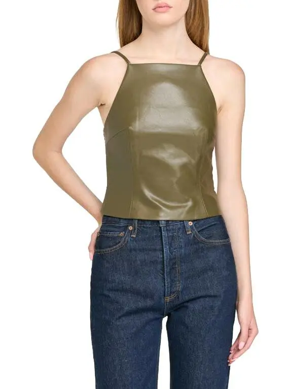 WAYF Veronica Faux Leather Camisole With Smocked Back - Olive