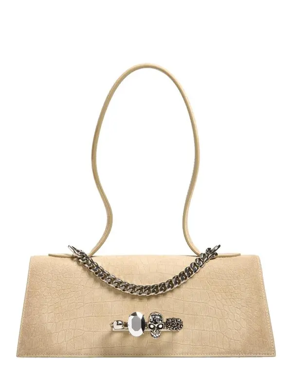 Alexander McQueen Jeweled Croc Embossed Suede Top Handle Bag - Zinc