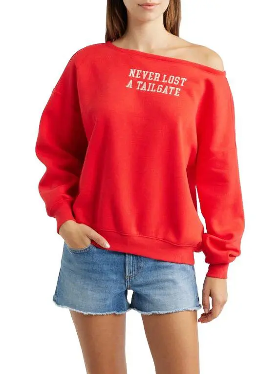 VINYL ICONS Off The Shoulder Embroidered Fleece Sweatshirt - Red