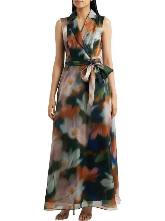 Julia Jordan Sleeveless Floral Organza Gown - Brown Multi
