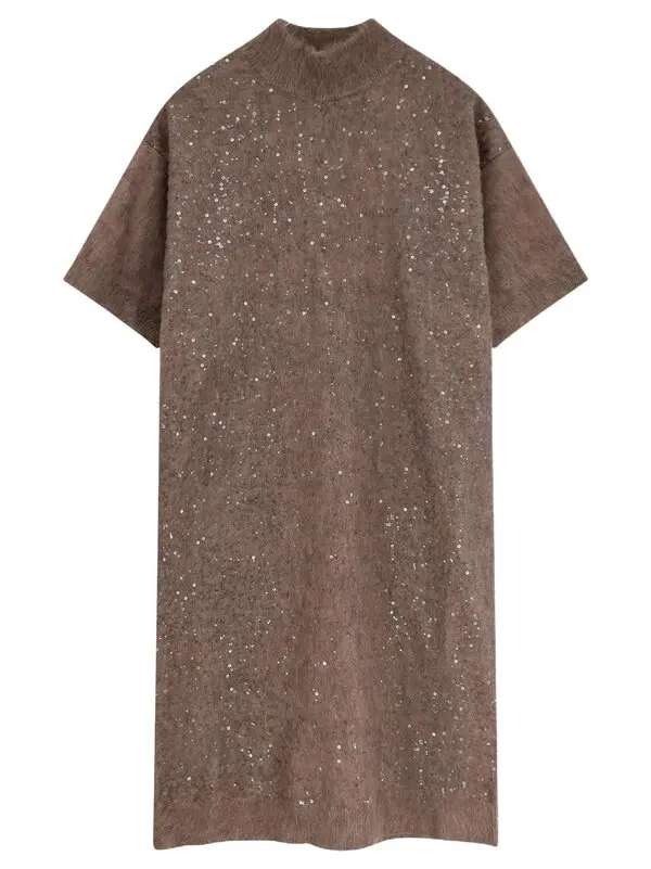 Brunello Cucinelli High Neck Sequined Short Sleeve Dress - Brown