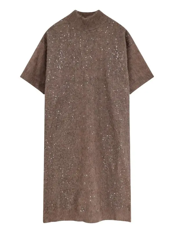 Brunello Cucinelli High Neck Sequined Short Sleeve Dress - Brown