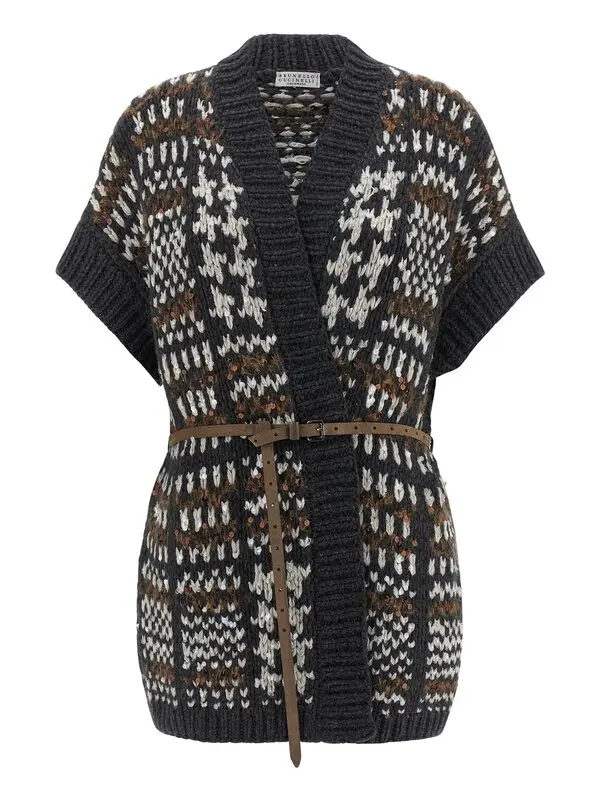Brunello Cucinelli Houndstooth Pattern Short Sleeve Cardigan - Black