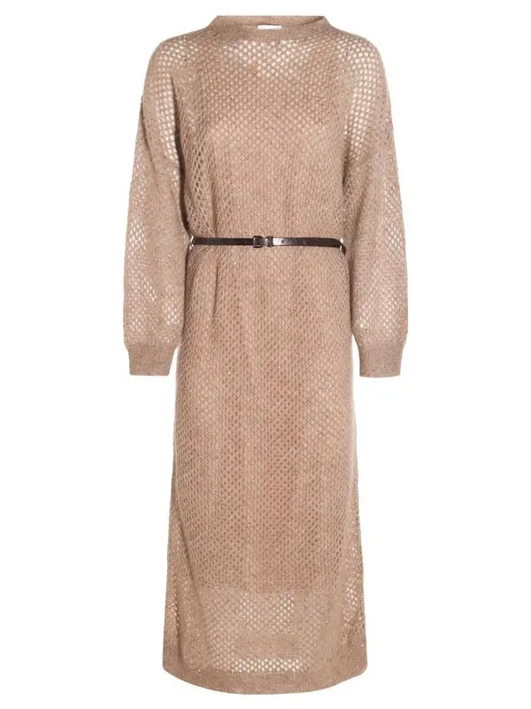Brunello Cucinelli Belted Midi Dress With Mesh Detailing - Nude