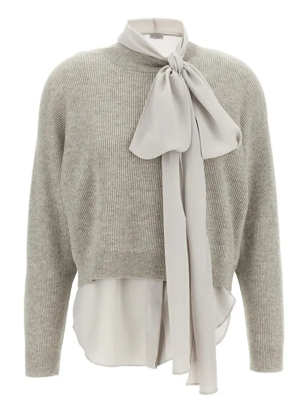 Brunello Cucinelli Monile Detailed Knit Sweater With Attached Shirt - Grey