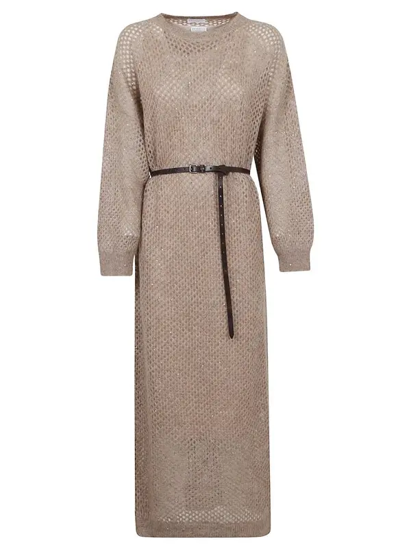 Brunello Cucinelli Embellished Knitted Midi Dress - Brown