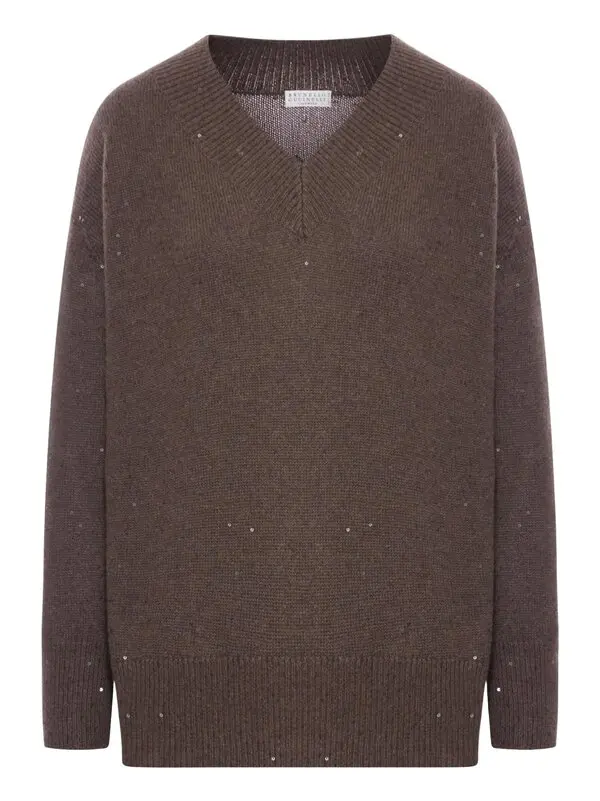 Brunello Cucinelli V-neck Sequin Embellished Knitted Jumper - Brown