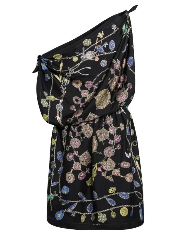 Versace Silk Blend Twill Dress With Broken Jewels Print - Black