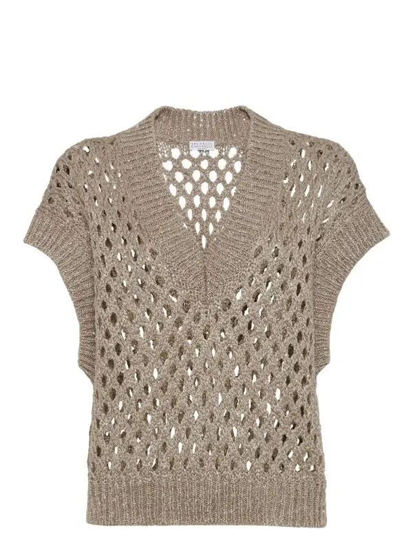Brunello Cucinelli V-neck Sleeveless Openwork Knit Top - Nude
