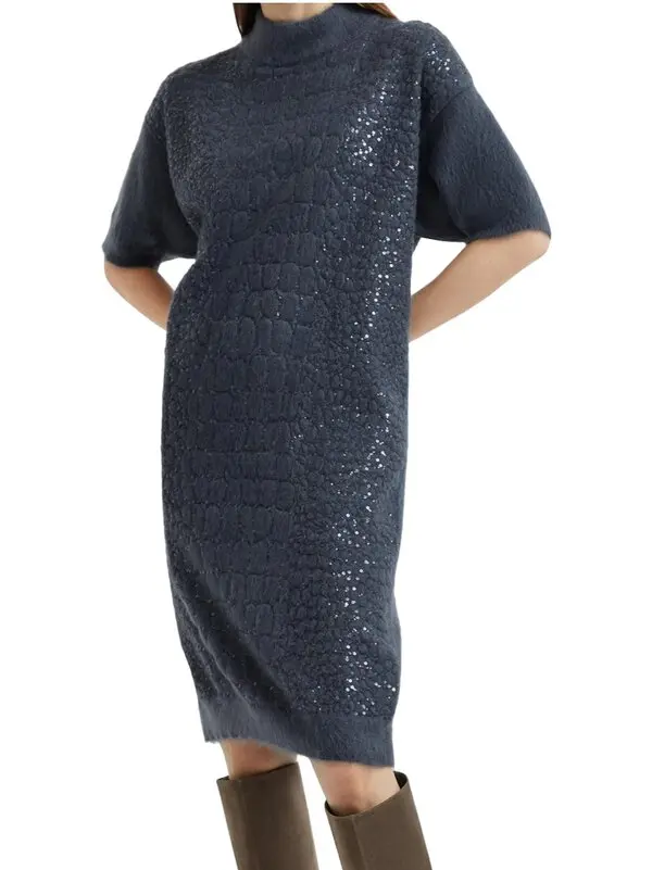 Brunello Cucinelli Croc-motif Sequin Embellished Knit Dress - Black