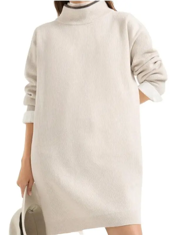 Brunello Cucinelli Ribbed High-neck Virgin Wool, Cashmere, And Silk Blend Knit Dress - Nude