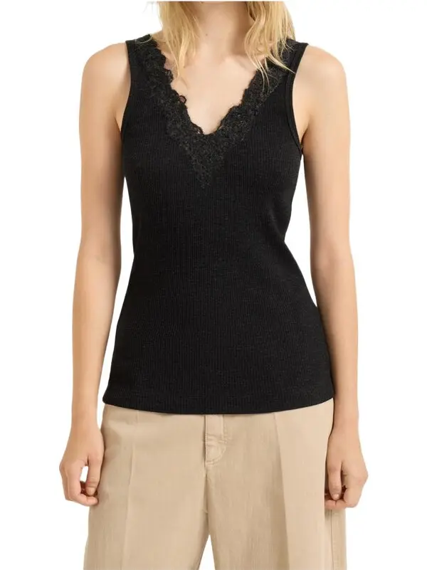 Brunello Cucinelli Ribbed Lace V-neck Tank Top - Anthracite