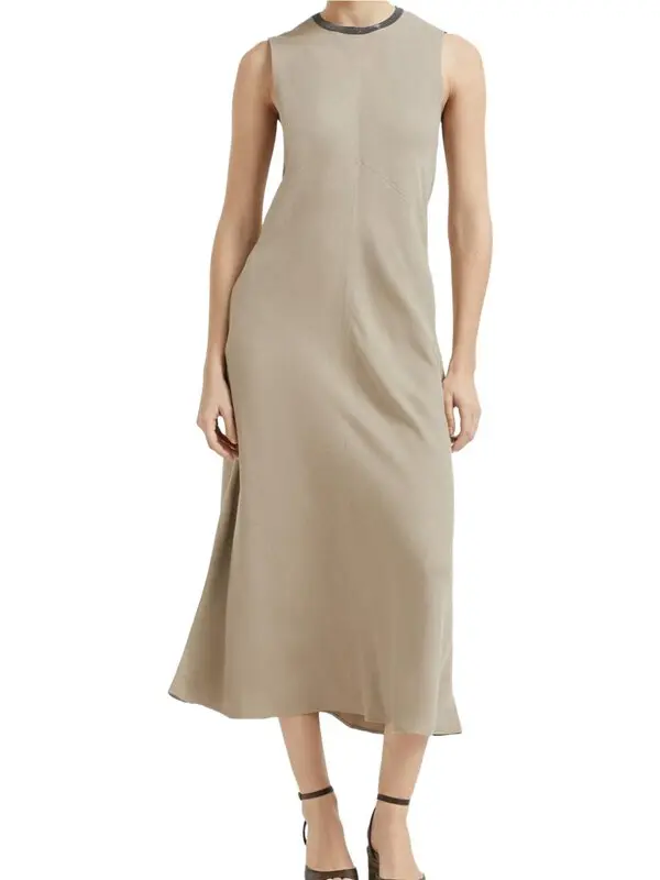 Brunello Cucinelli Crewneck Zip Back Twill Dress - Cold Beige