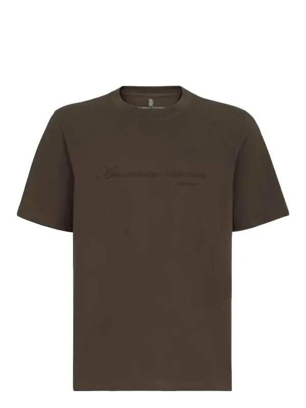 Brunello Cucinelli Cotton-jersey Crew-neck T-shirt With Embroidery And Print - Brown