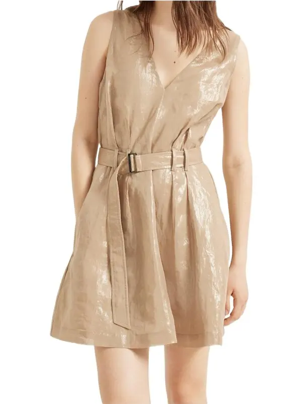 Brunello Cucinelli Sleeveless Lamé Belted Mini Dress - Camel-colored