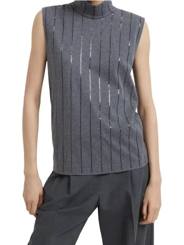 Brunello Cucinelli Sleeveless High Neck Sequined Stripe Top - Black