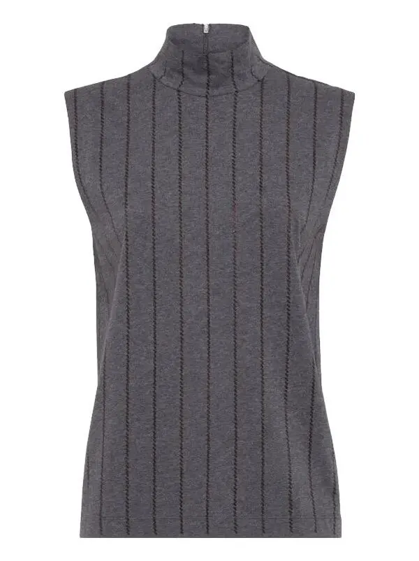 Brunello Cucinelli Sleeveless High Neck Sequined Stripe Top - Grey
