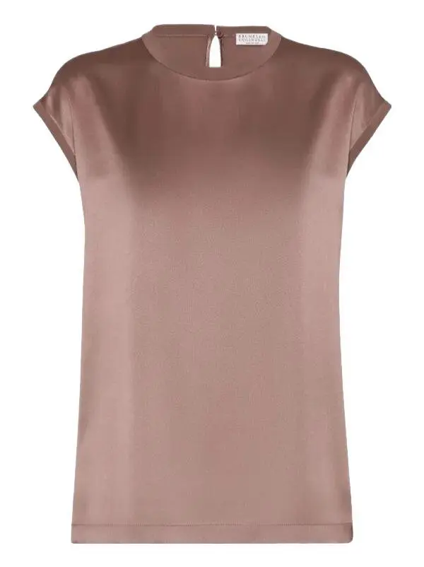 Brunello Cucinelli Crewneck Satin T-shirt With Monili Decoration - Brown