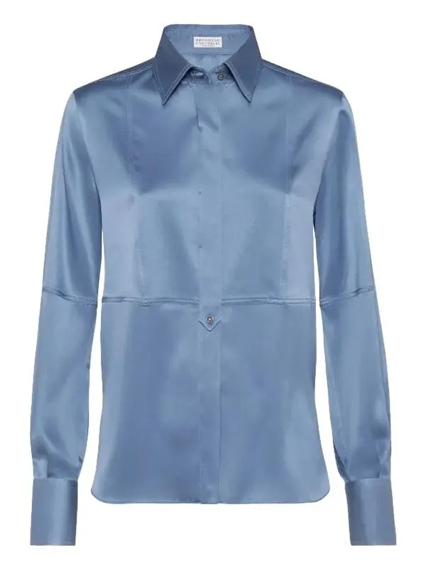 Brunello Cucinelli Silk Shirt With Monili Decoration - Blue