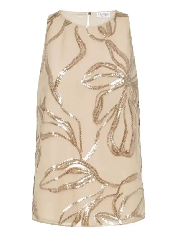Brunello Cucinelli Floral Sequin Embellished Silk Top - Camel-colored