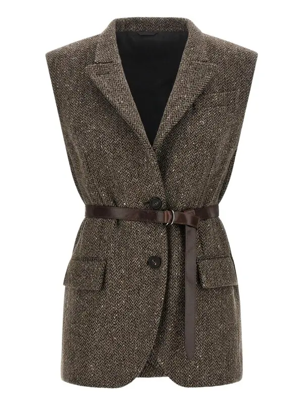 Brunello Cucinelli Sleeveless Belted Vest - Brown
