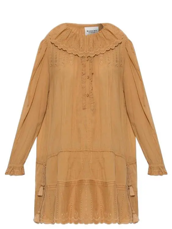 Isabel Marant Étoile Embroidered Long Sleeve Dress With Scalloped Hem - Beige