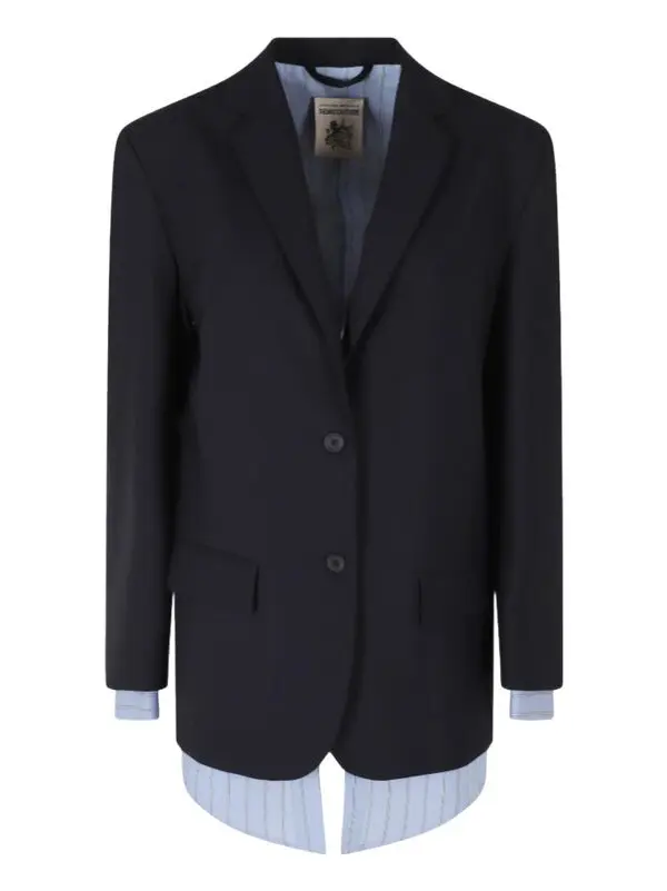 SEMICOUTURE Long-sleeve Plaid Paneled Single-breasted Blazer - Blue