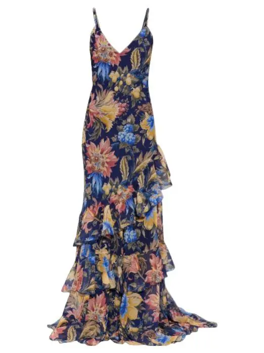 Etro Long Seersucker Ruffled Floral Motif Dress - Navy Blue