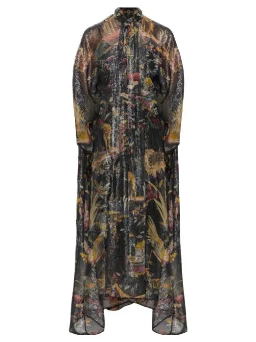 Etro Long Silk Dress With Cape Detail And Floral And Animal Motif - No