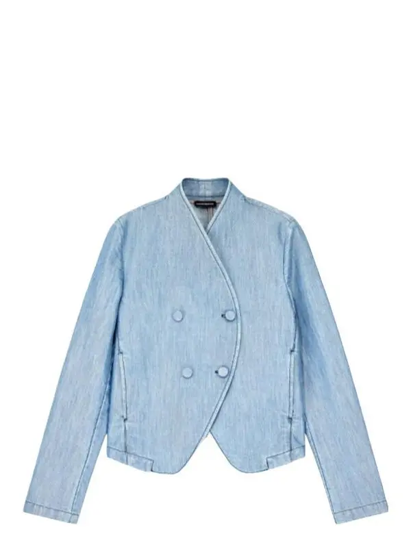 Emporio Armani Double-breasted Wrap Blazer In Metal-look Denim - Blue