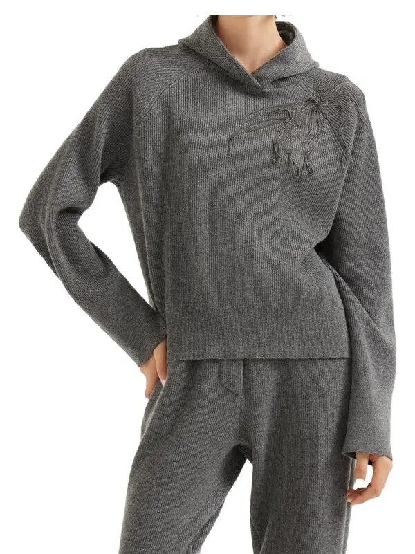 Brunello Cucinelli Shiny Flower Embroidered Knit Hoodie - Black